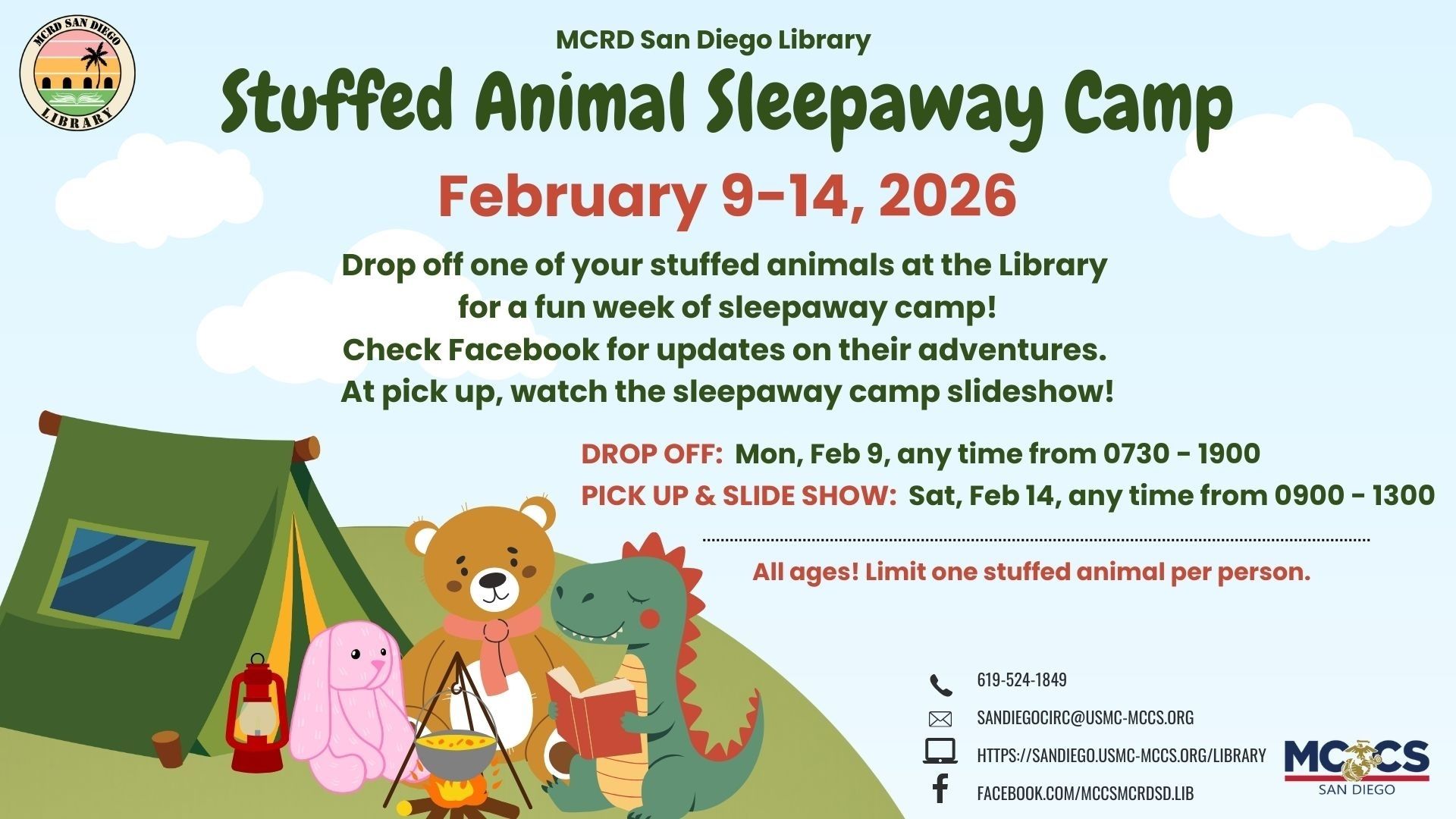 MCCS Stuffed Animal Sleepaway Camp from Feb 9 - 14